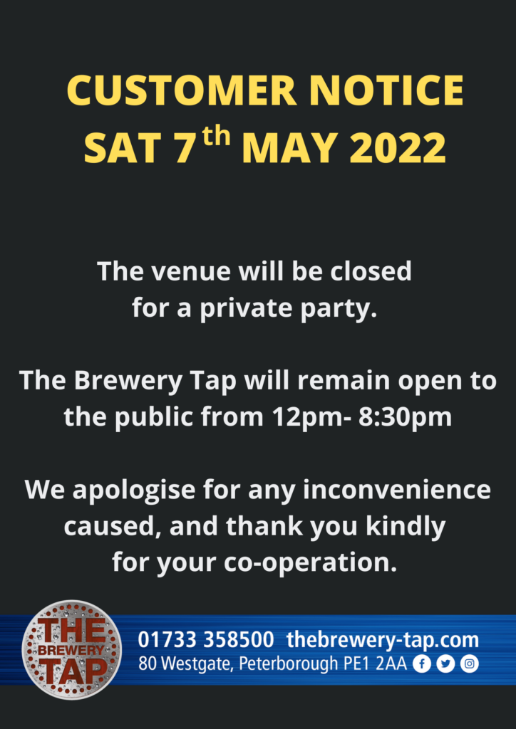 CUSTOMER NOTICE - The Brewery Tap - Peterborough